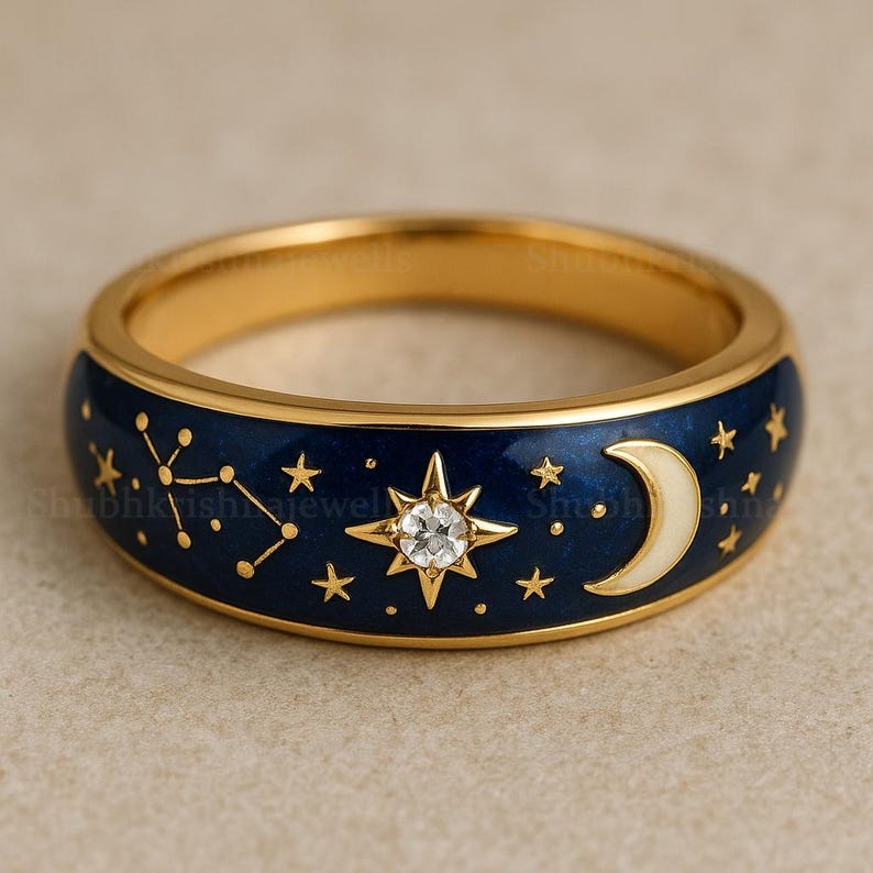 Galaxy Enamel Dome Ring • Dark Blue Enamel Band With Moissanite Stars ...
