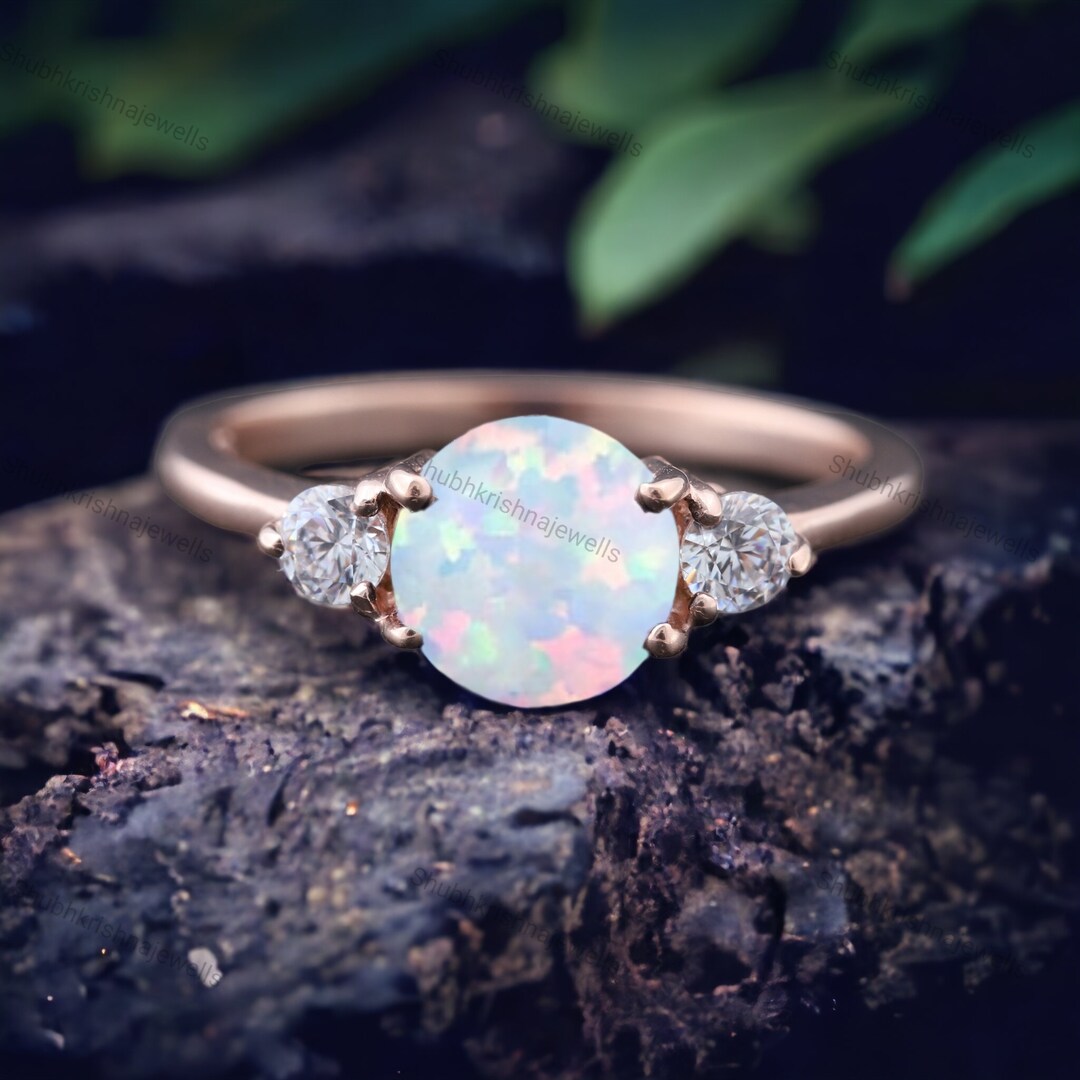 Art Deco Fire Opal Engagement Ring Rose Gold Plated Bridal Statement Ring Rainbow Opal Gemstone ...