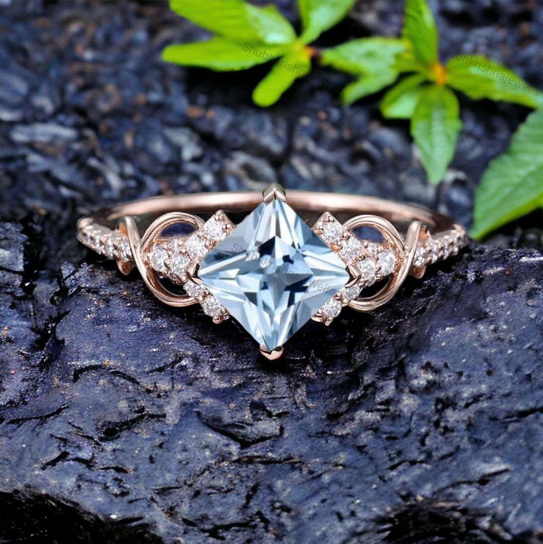 Aquamarine Engagement Ring Art Deco Crossover Ring Princess Cut Gemstone Ring Dainty Diamond ...