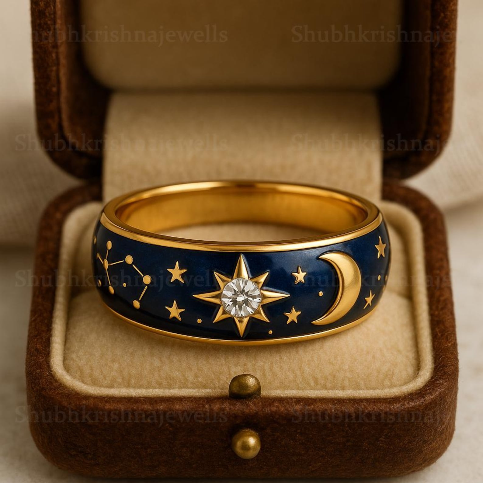 Galaxy Enamel Dome Ring • Dark Blue Enamel Band With Moissanite Stars ...