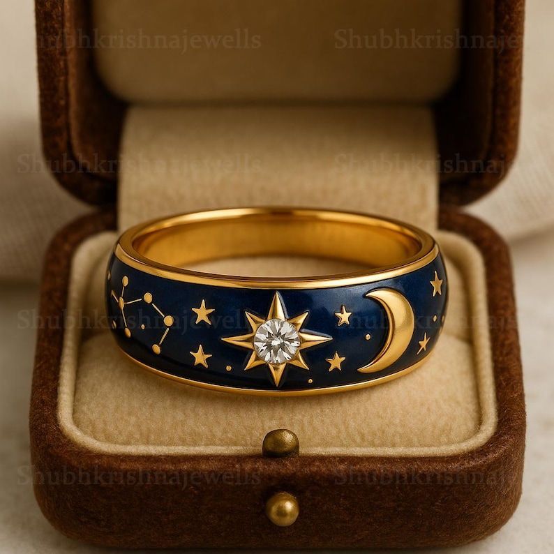 Galaxy Enamel Dome Ring • Dark Blue Enamel Band With Moissanite Stars ...