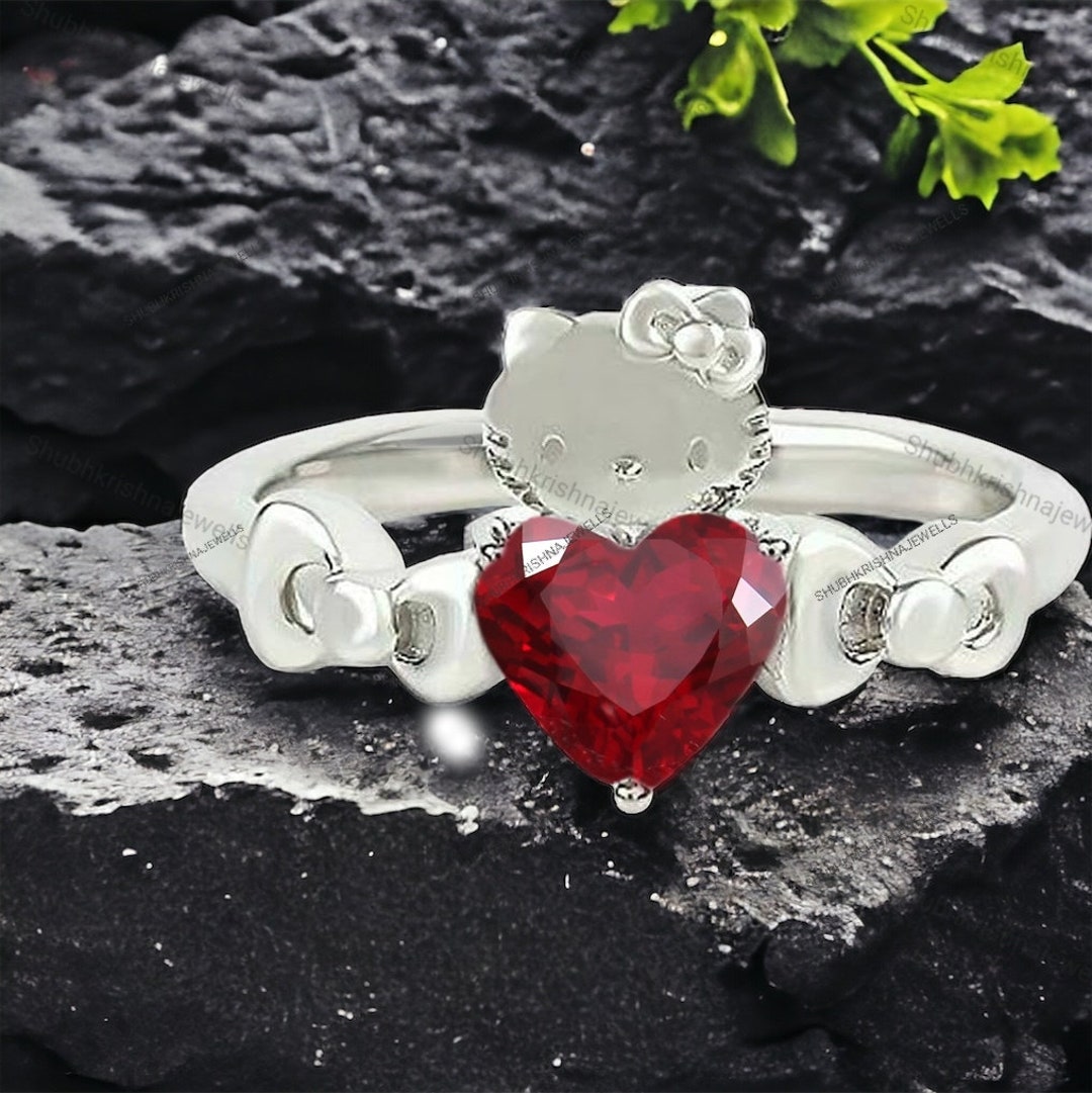 Kitty Inspired Ring, Hello Cute Kitty Garnet Ring, Japanese Cartoon ...
