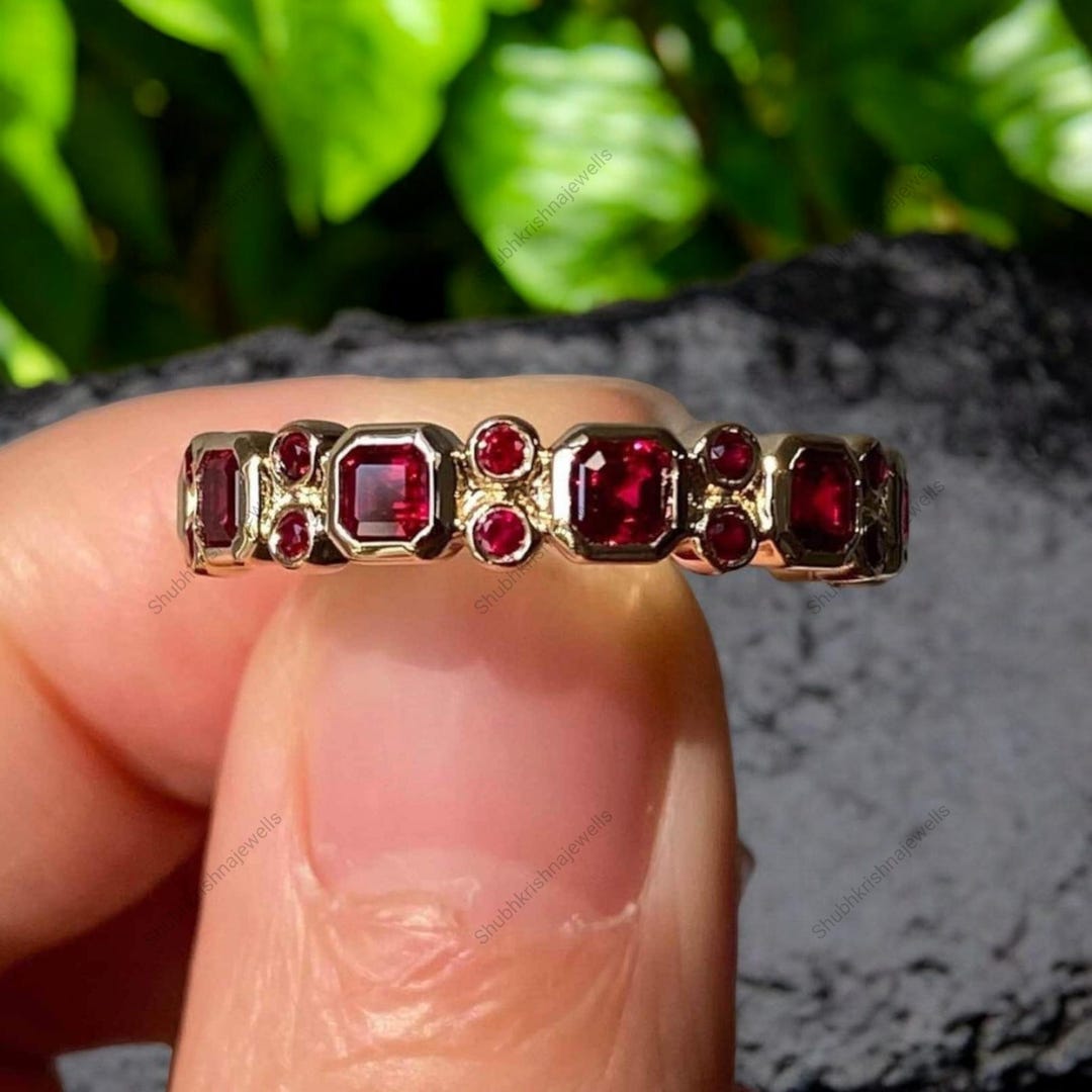 Vintage Ruby Wedding Band, Princess-cut Ruby Ring, Bezel Setting Band ...
