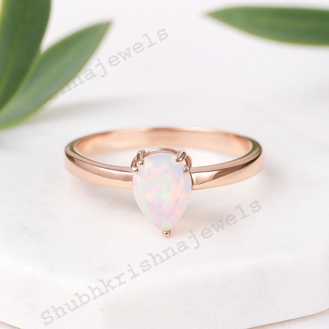 Pear Cut Opal Proposal Ring 14k Solid Gold Ring Art Deco Soliatire Opal ...