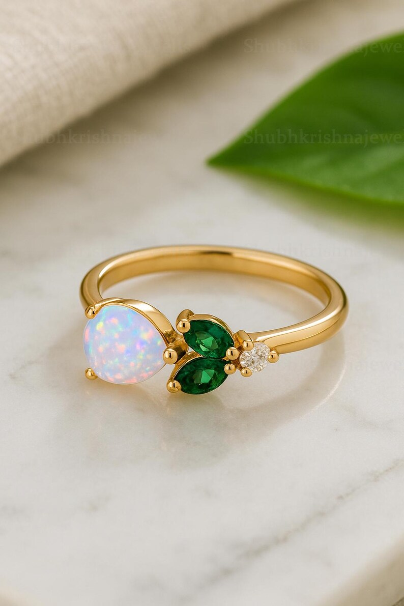 Unique Emerald Opal Proposal Ring Dainty Rose Flower Promise Ring Pear Cut White Opal Ring May ...