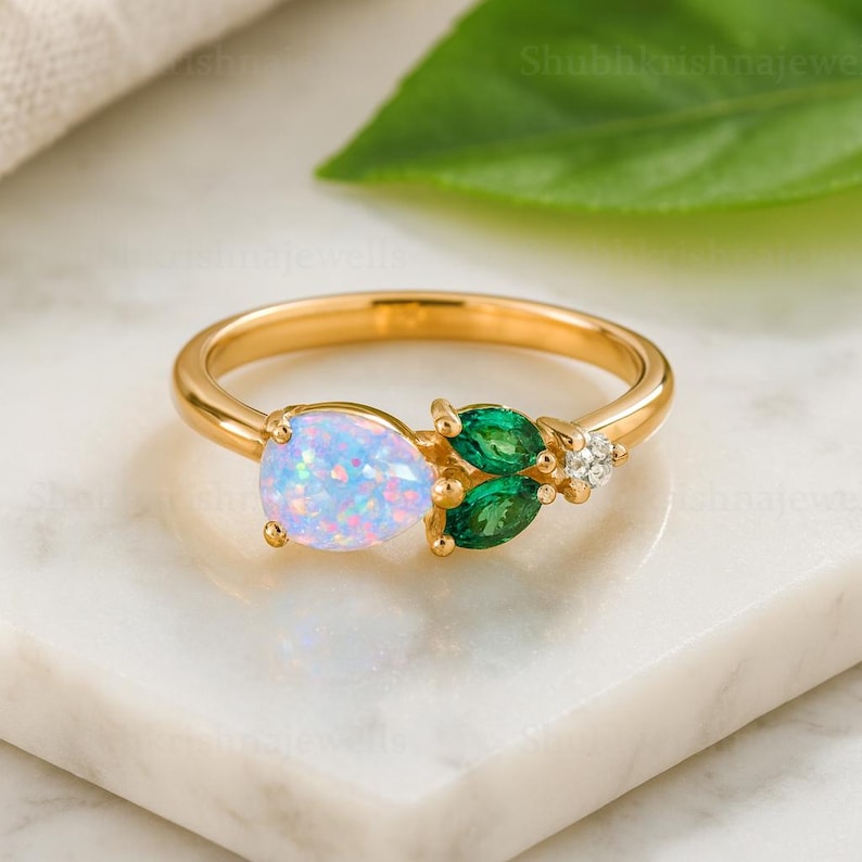 Unique Emerald Opal Proposal Ring Dainty Rose Flower Promise Ring Pear ...