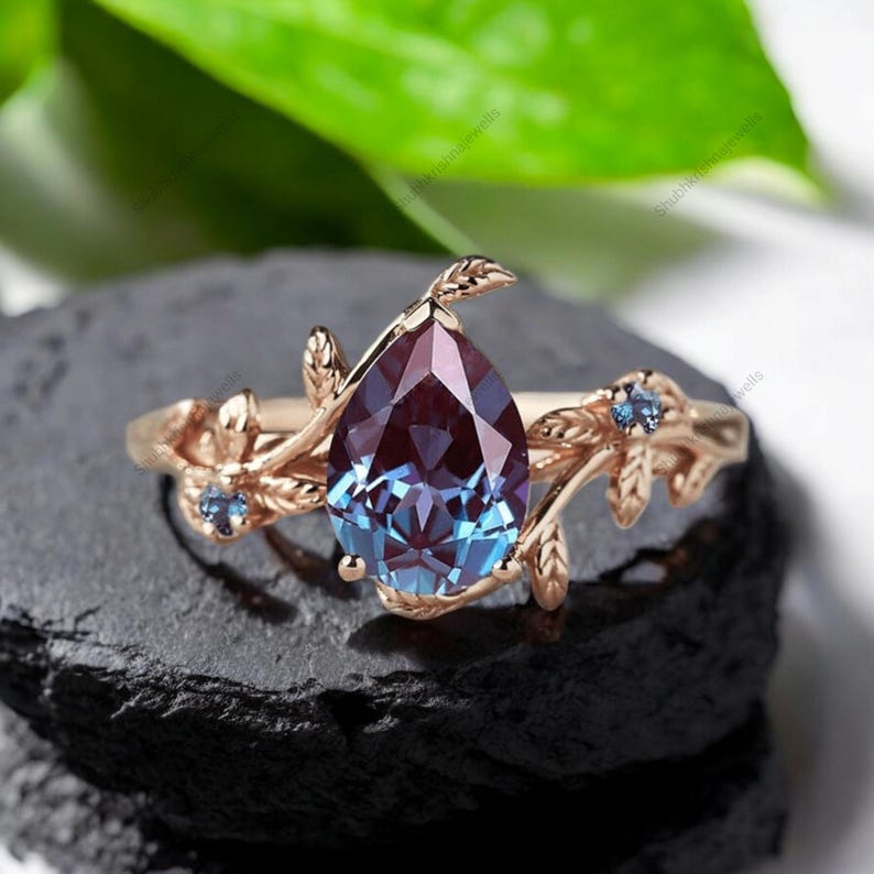 Pear Alexandrite Engagement Ring, Nature Inspired Leaf Rings, 14k Rose ...