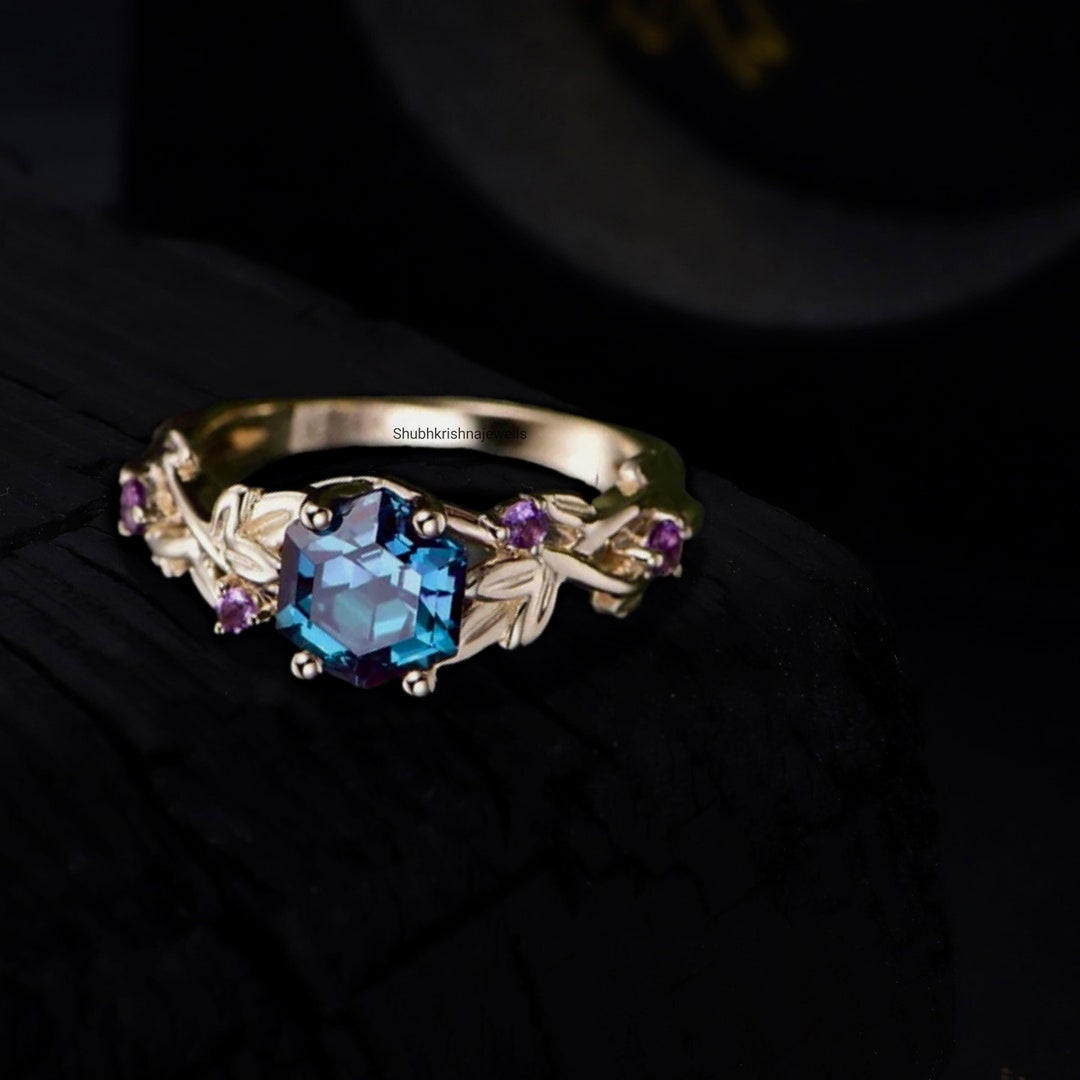 Hexagon Cut Blue Alexandrite Wedding Ring, Twig Leaf Branch Engagement ...