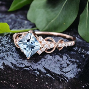 Aquamarine Engagement Ring Art Deco Crossover Ring Princess Cut Gemstone Ring Dainty Diamond ...