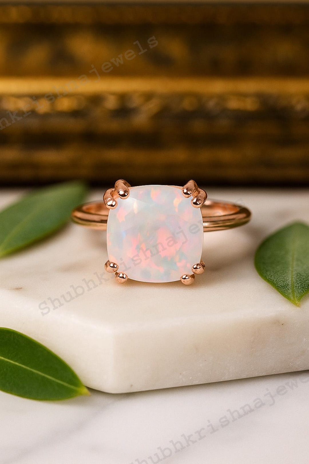 Cushion Cut Opal Ring 14K Rose Gold Fire Opal Engagement Ring Unique ...