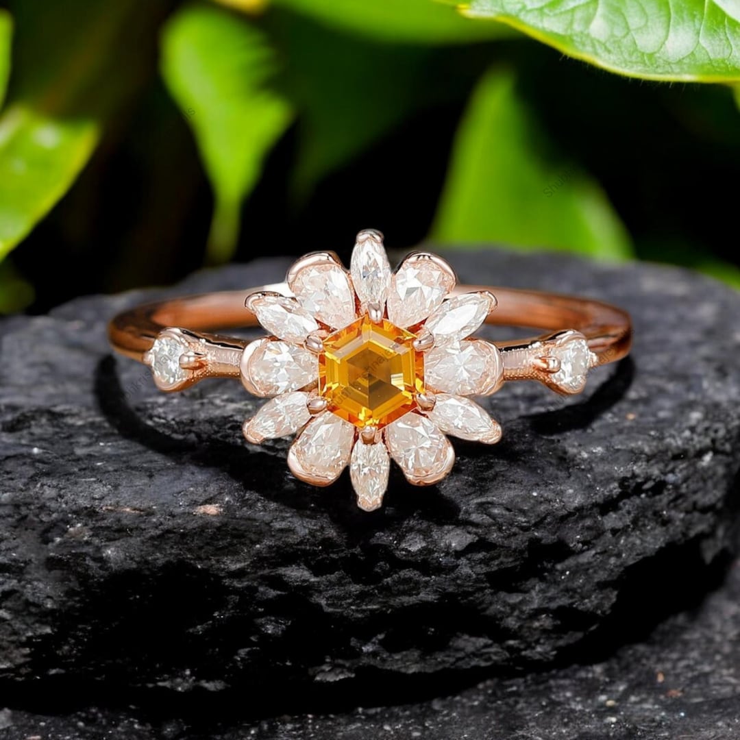 Victoria Lab Citrine Ring Floral 14K Rose Gold Vermeil Yellow Gemstone ...