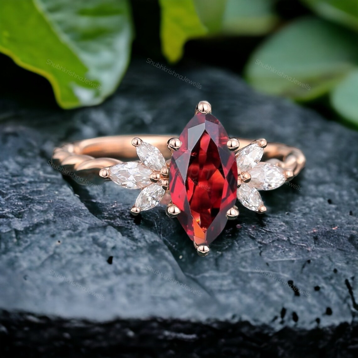 Delicate Marquise Cut Garnet Ring Antique Diamond Cluster Engagement ...