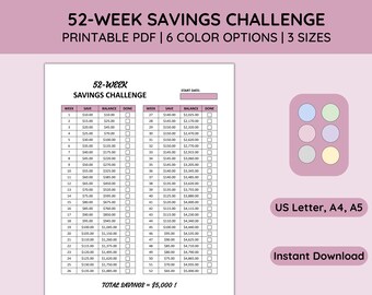52 Week Saving Challenge, 10000 Saving Challenge, Printable PDF, Letter ...