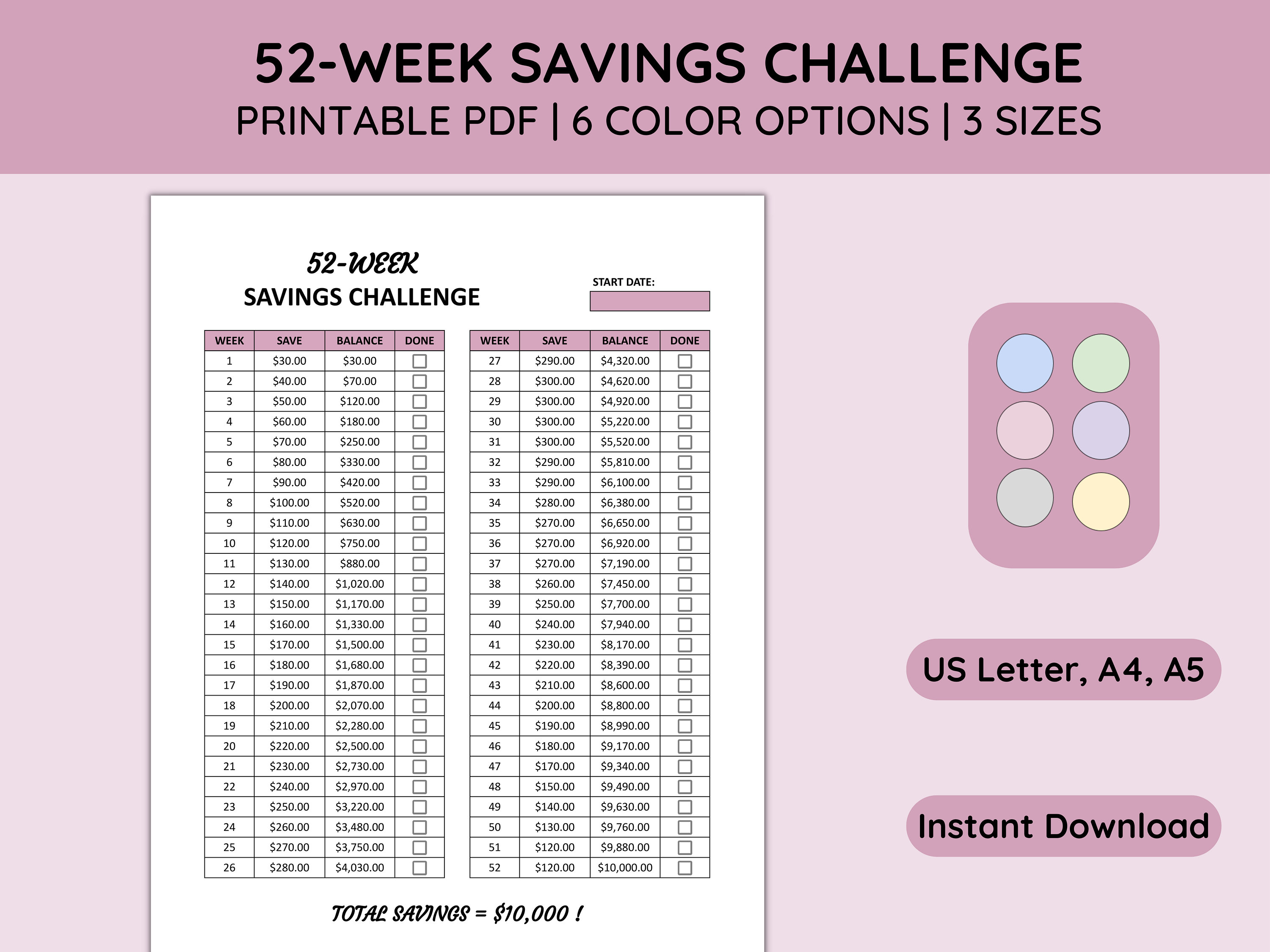 52 Week Saving Challenge, 10000 Saving Challenge, Printable PDF, Letter ...