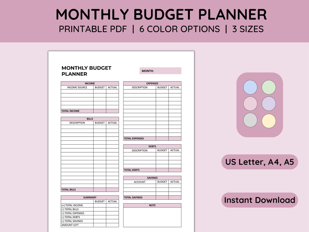 Monthly Budget Planner, Printable PDF, US Letter, A4, A5, 6 Colors ...