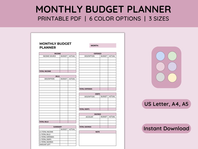 Monthly Budget Planner, Printable PDF, US Letter, A4, A5, 6 Colors ...