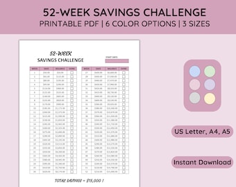 52 Week Saving Challenge, 10000 Saving Challenge, Printable PDF, Letter ...