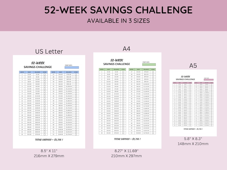 52-week Savings Challenge, Printable PDF, US Letter, A4, A5, 6 Colors ...
