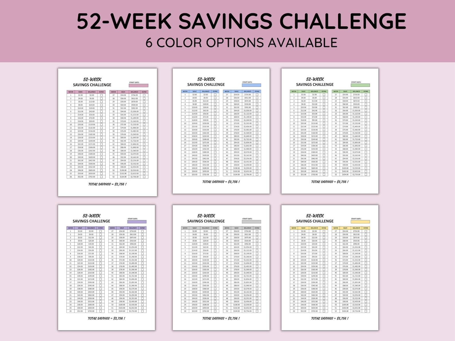 52-week Savings Challenge, Printable PDF, US Letter, A4, A5, 6 Colors ...