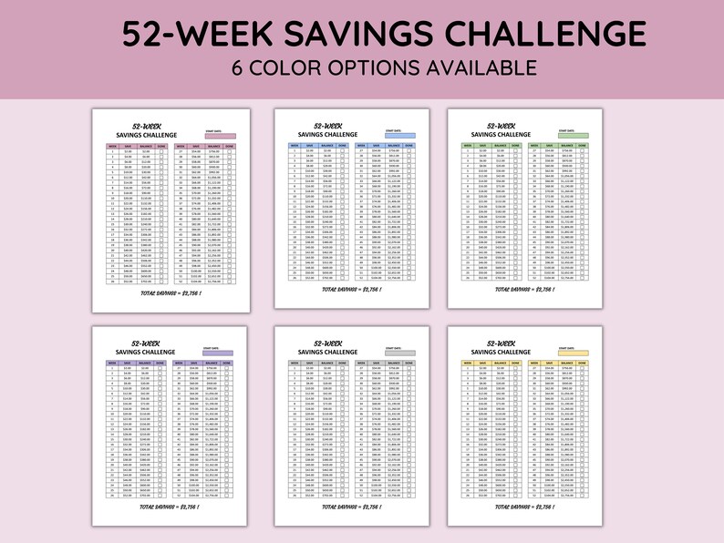 52-week Savings Challenge, Printable PDF, US Letter, A4, A5, 6 Colors, Personal Financial ...