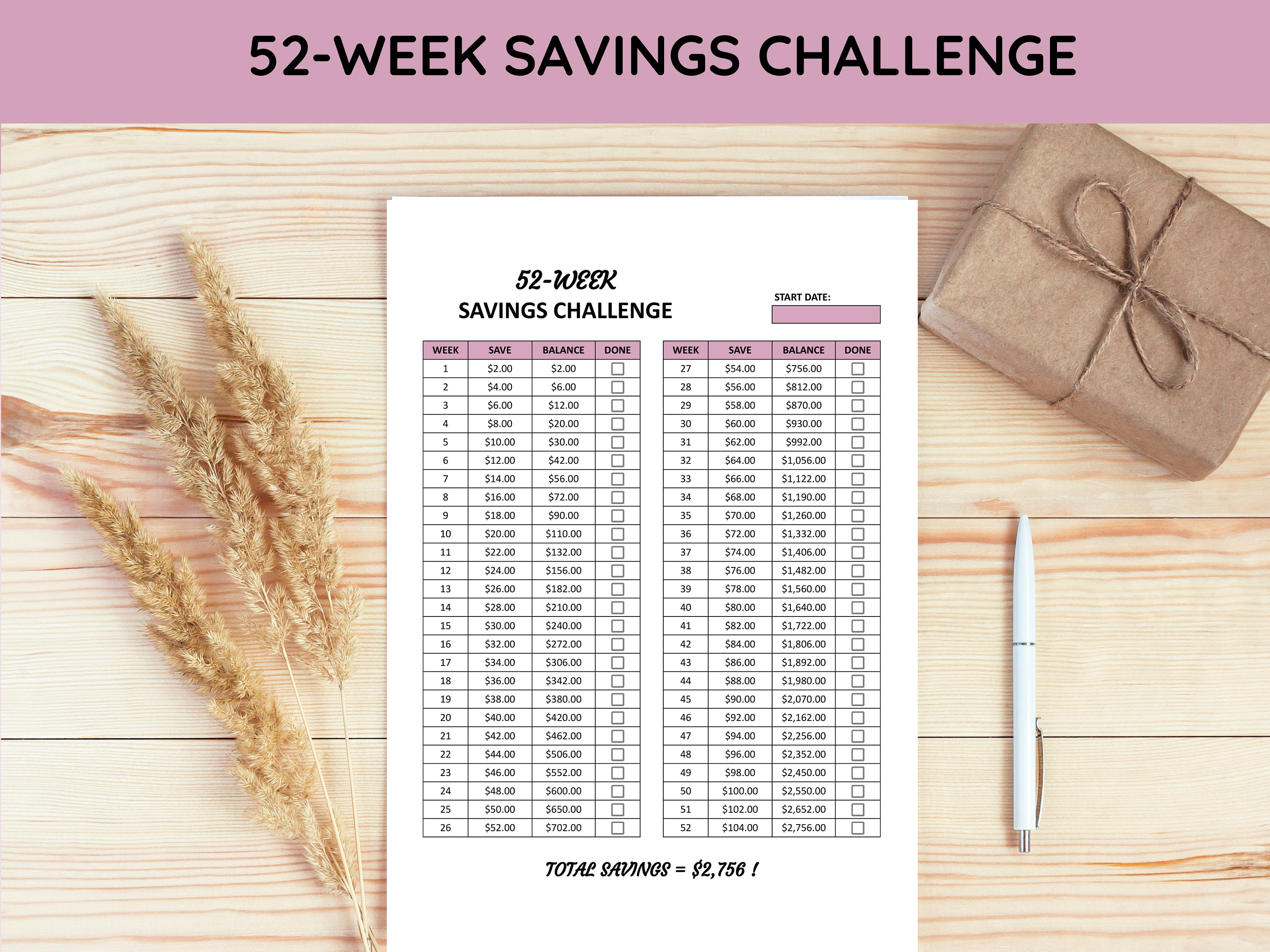 52-week Savings Challenge, Printable PDF, US Letter, A4, A5, 6 Colors ...