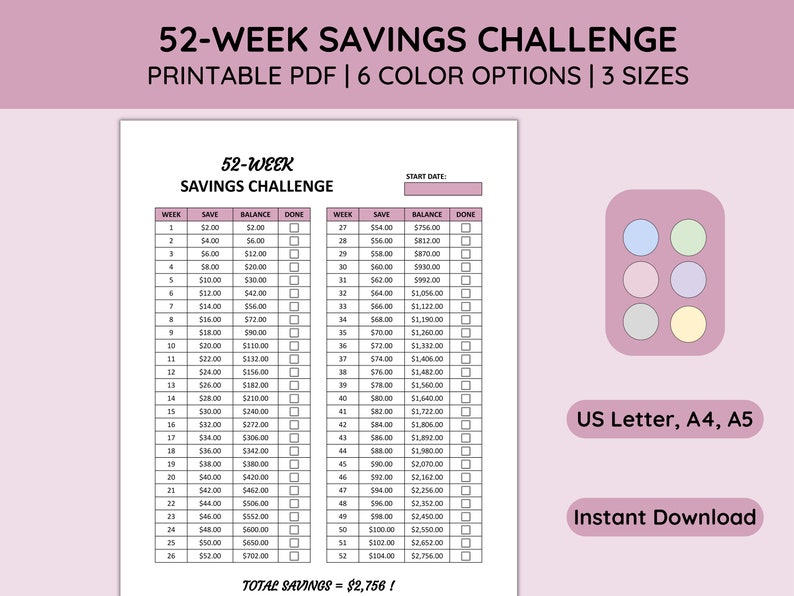 52-week Savings Challenge, Printable PDF, US Letter, A4, A5, 6 Colors ...