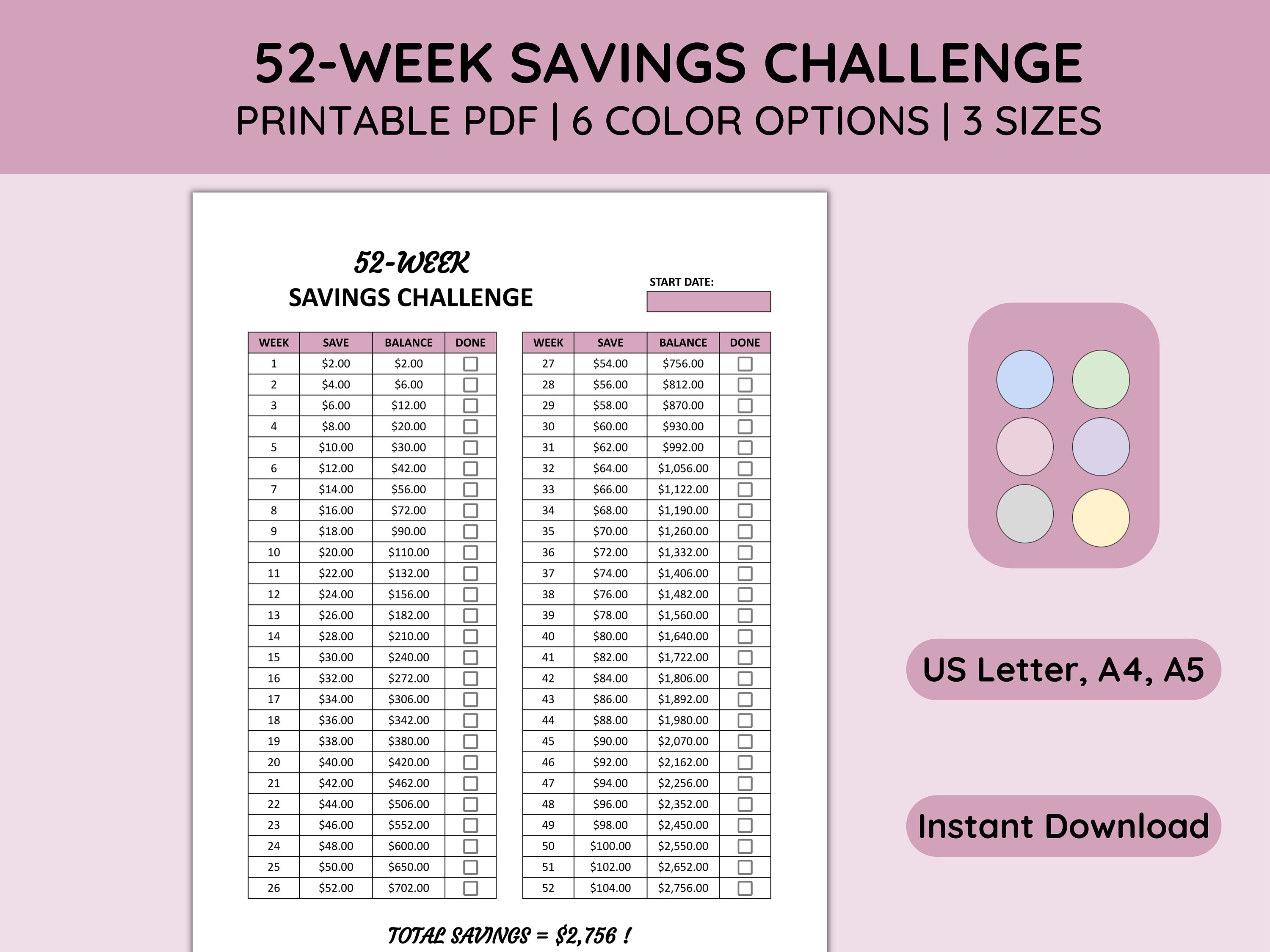 52-week Savings Challenge, Printable PDF, US Letter, A4, A5, 6 Colors ...