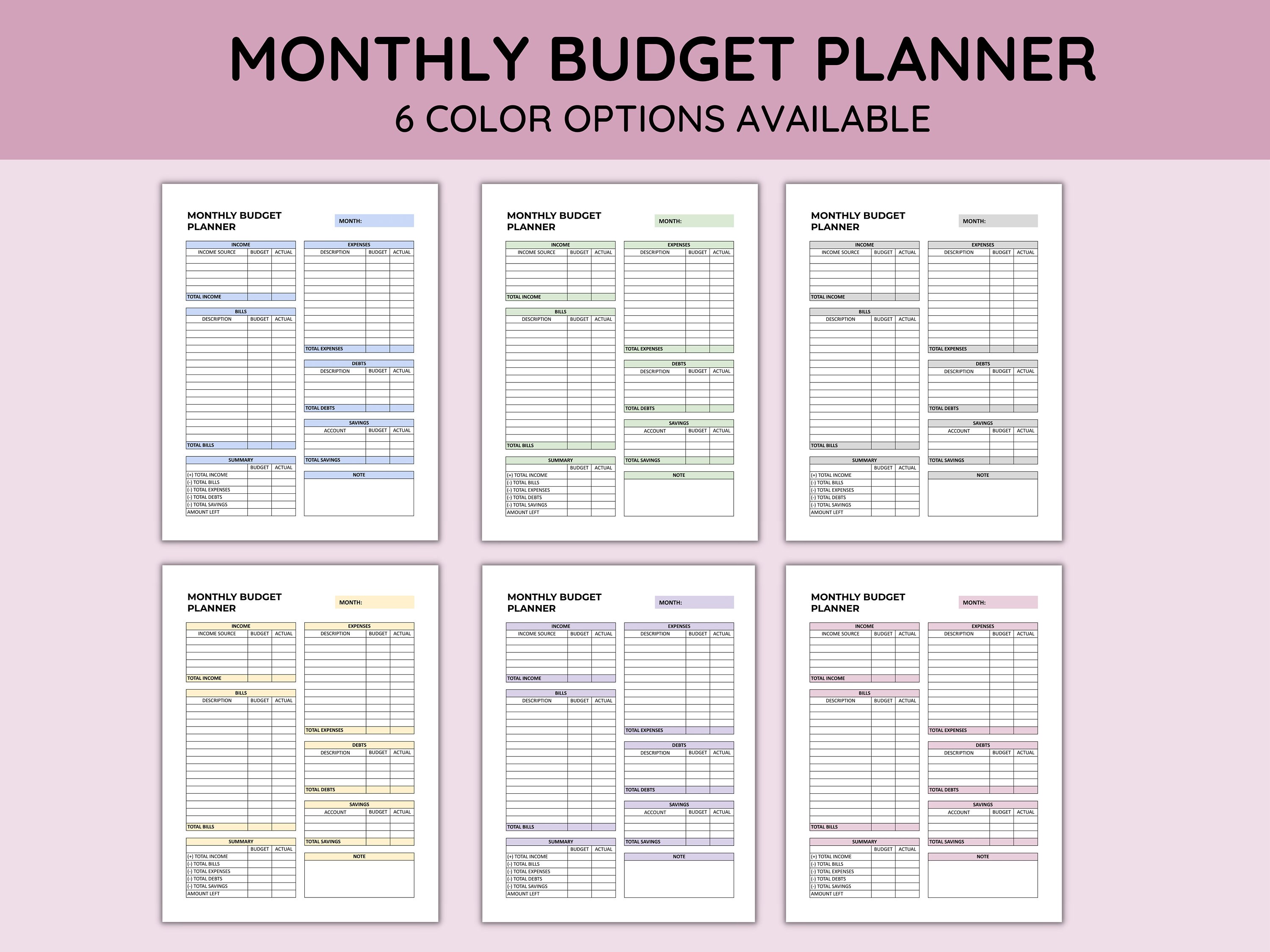 Monthly Budget Planner, Printable PDF, US Letter, A4, A5, 6 Colors ...