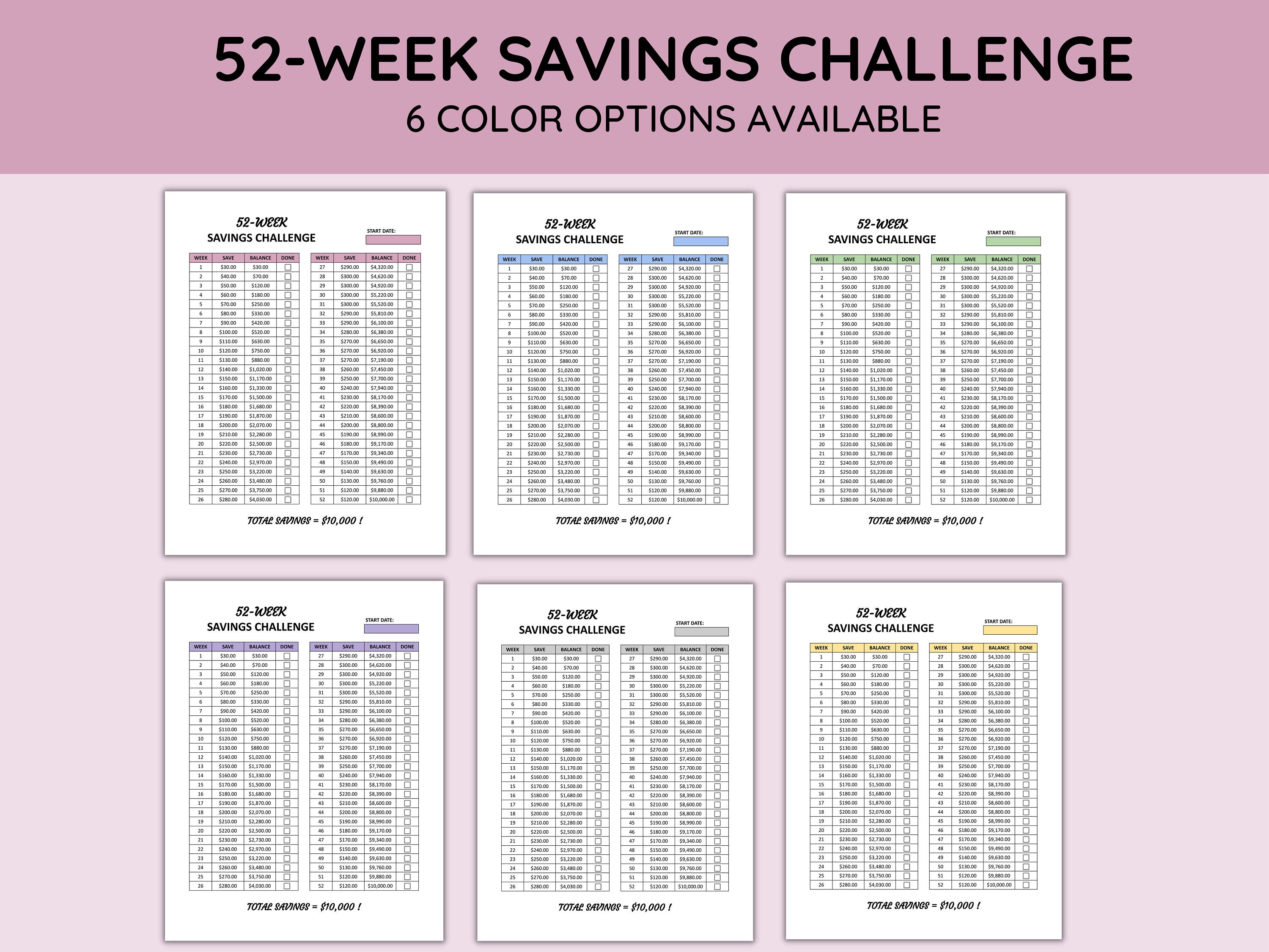 52 Week Saving Challenge, 10000 Saving Challenge, Printable PDF, Letter ...