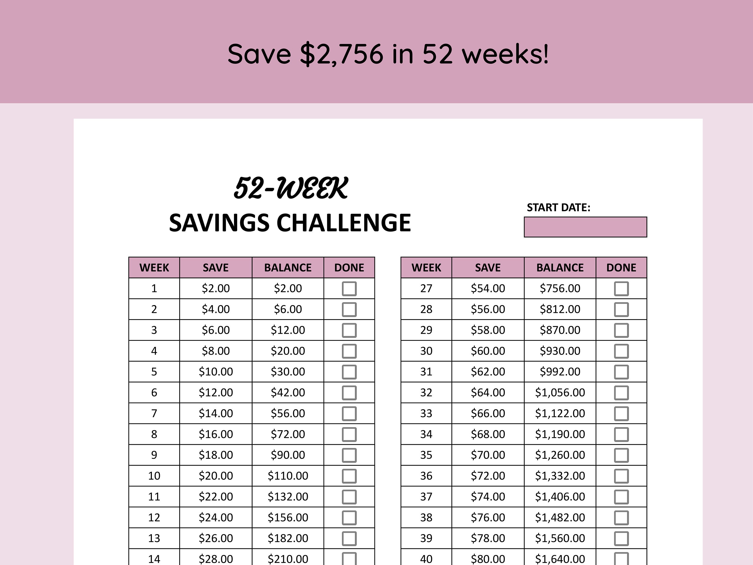 52-week Savings Challenge, Printable PDF, US Letter, A4, A5, 6 Colors ...