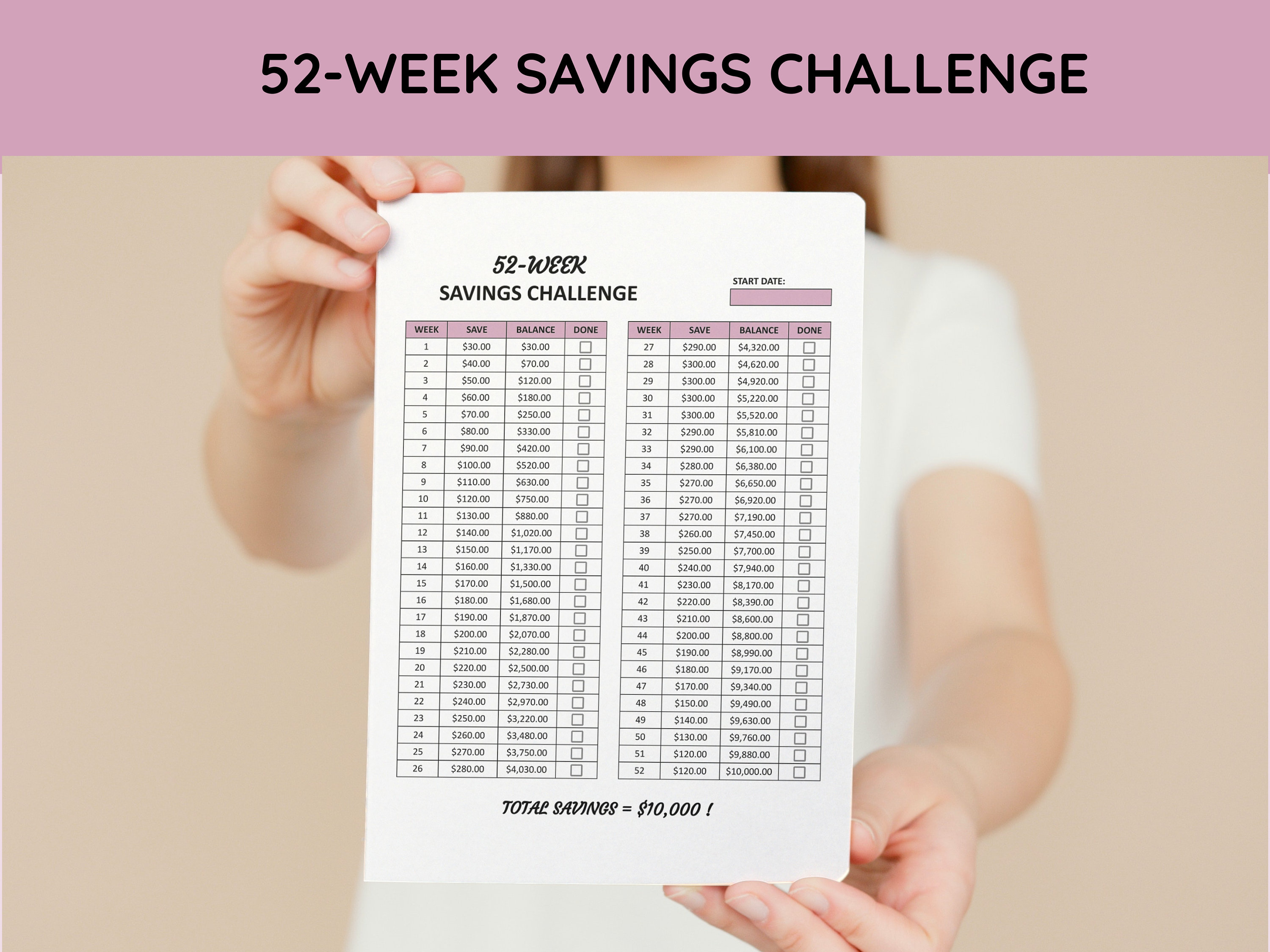 52 Week Saving Challenge, 10000 Saving Challenge, Printable PDF, Letter ...