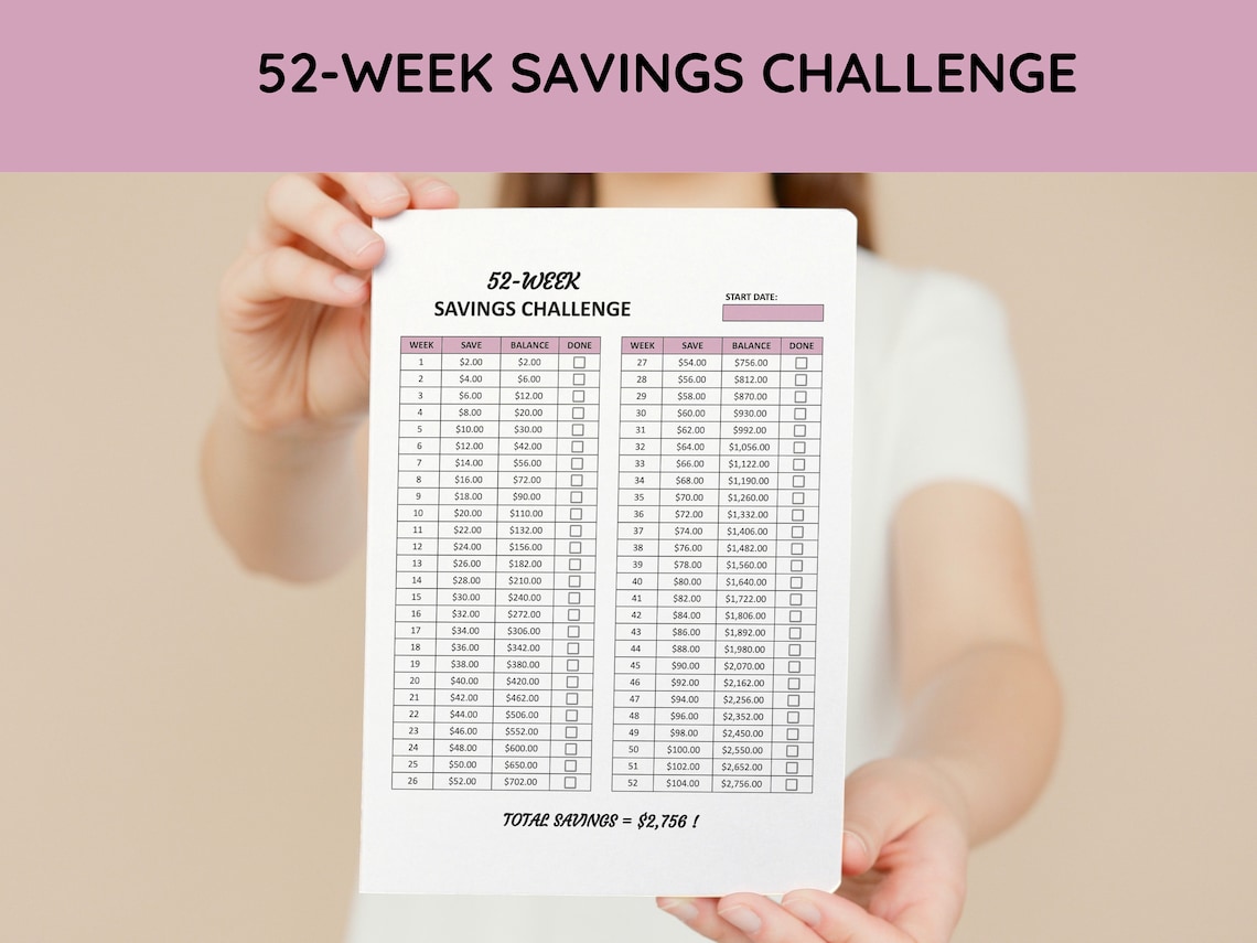 52-week Savings Challenge, Printable PDF, US Letter, A4, A5, 6 Colors ...