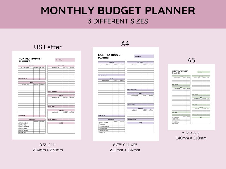 Monthly Budget Planner, Printable PDF, US Letter, A4, A5, 6 Colors ...