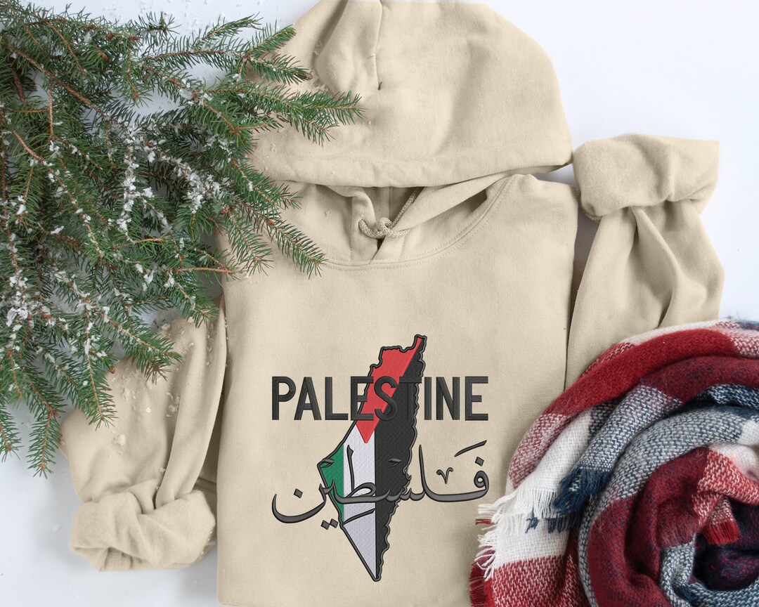 Embroidered Palestine Map Flag Hoodies, Palestine Arabic Calligraphy Name Pullover Jumper ...