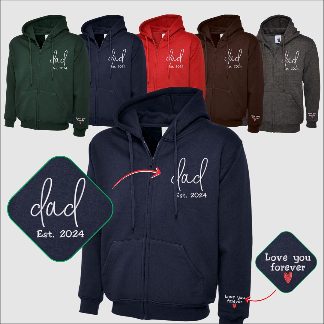 Embroidered Dad Zip up Hoodie, Custom Text With Heart on Sleeve Jumpers ...