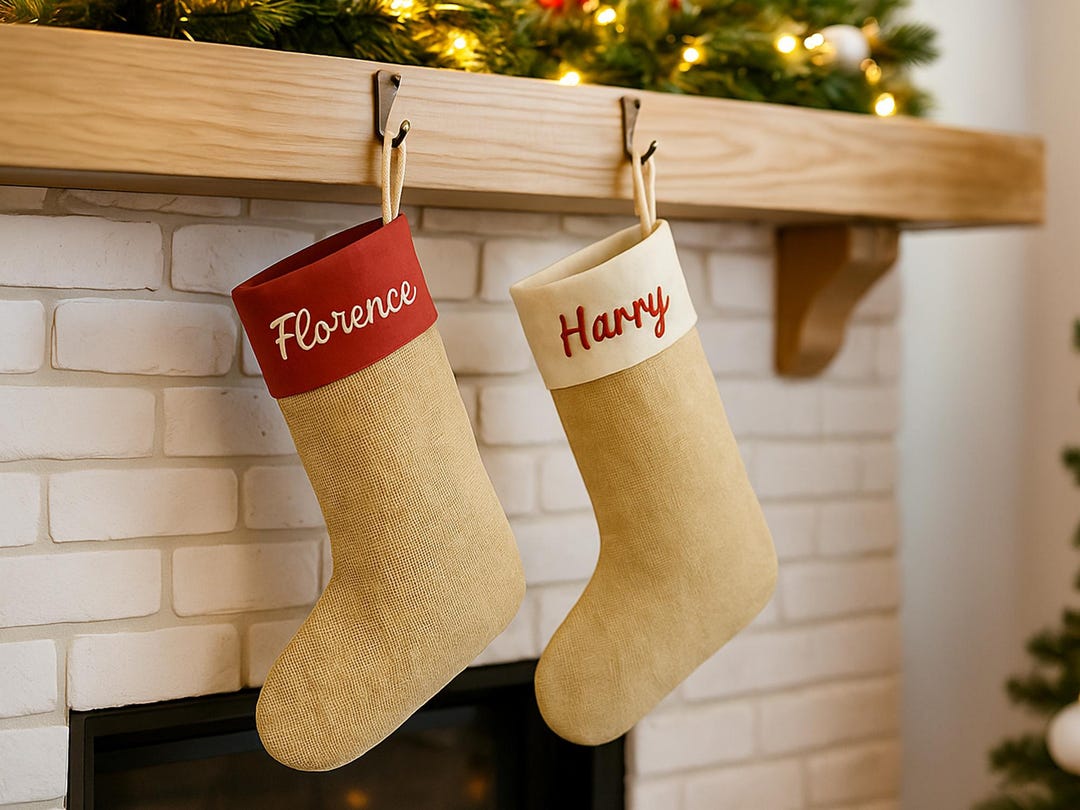 Embroidered Jute Christmas Stocking, Natural Jute Cotton Stocking ...
