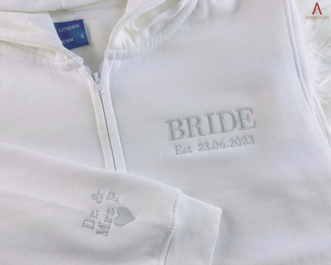 Bride Zip up Hoodie, Custom Embroidered Wifey Hooded Jumper, Mr and Mrs ...
