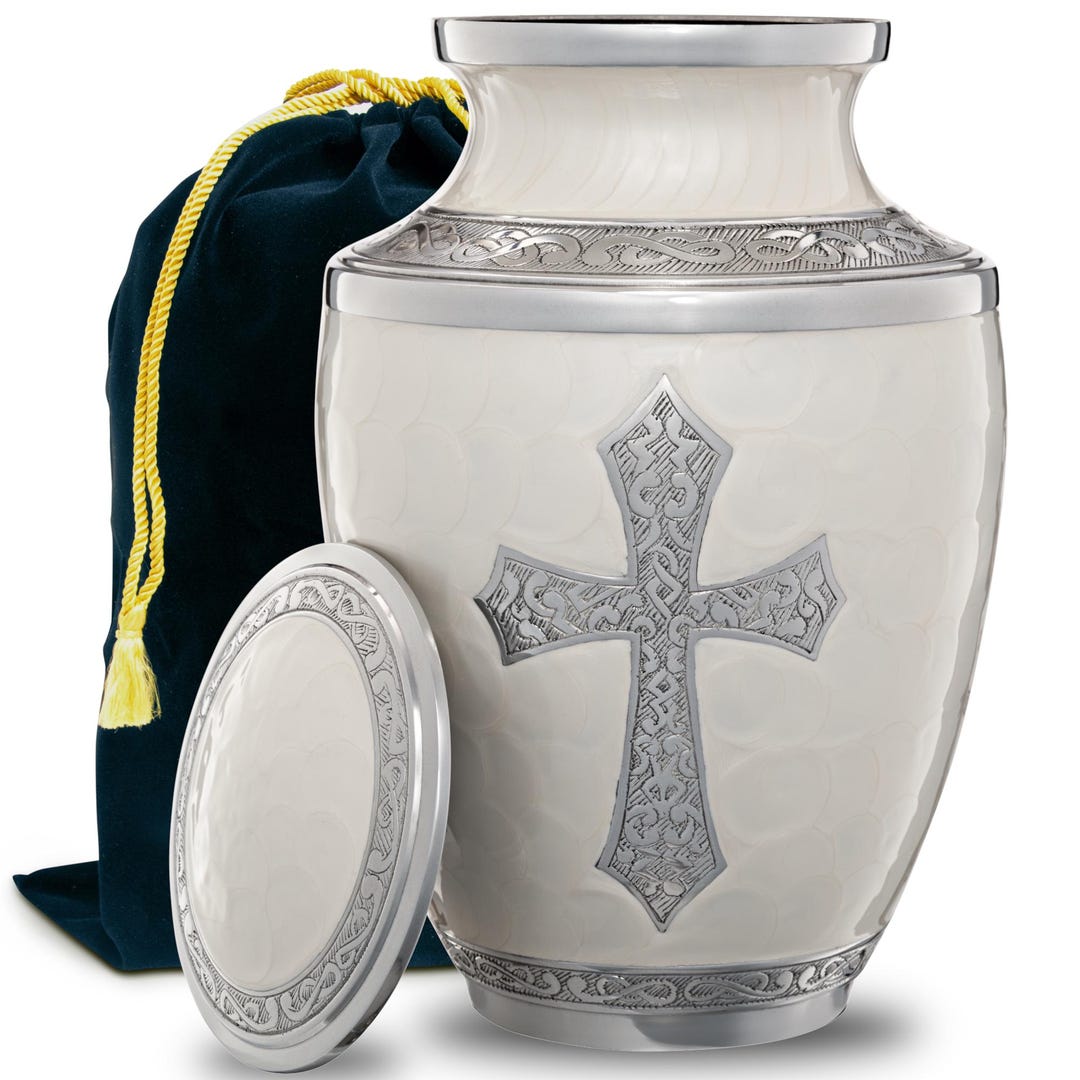 White Cremation Urn With Religious Cross | Adult Ashes, Pendant ...
