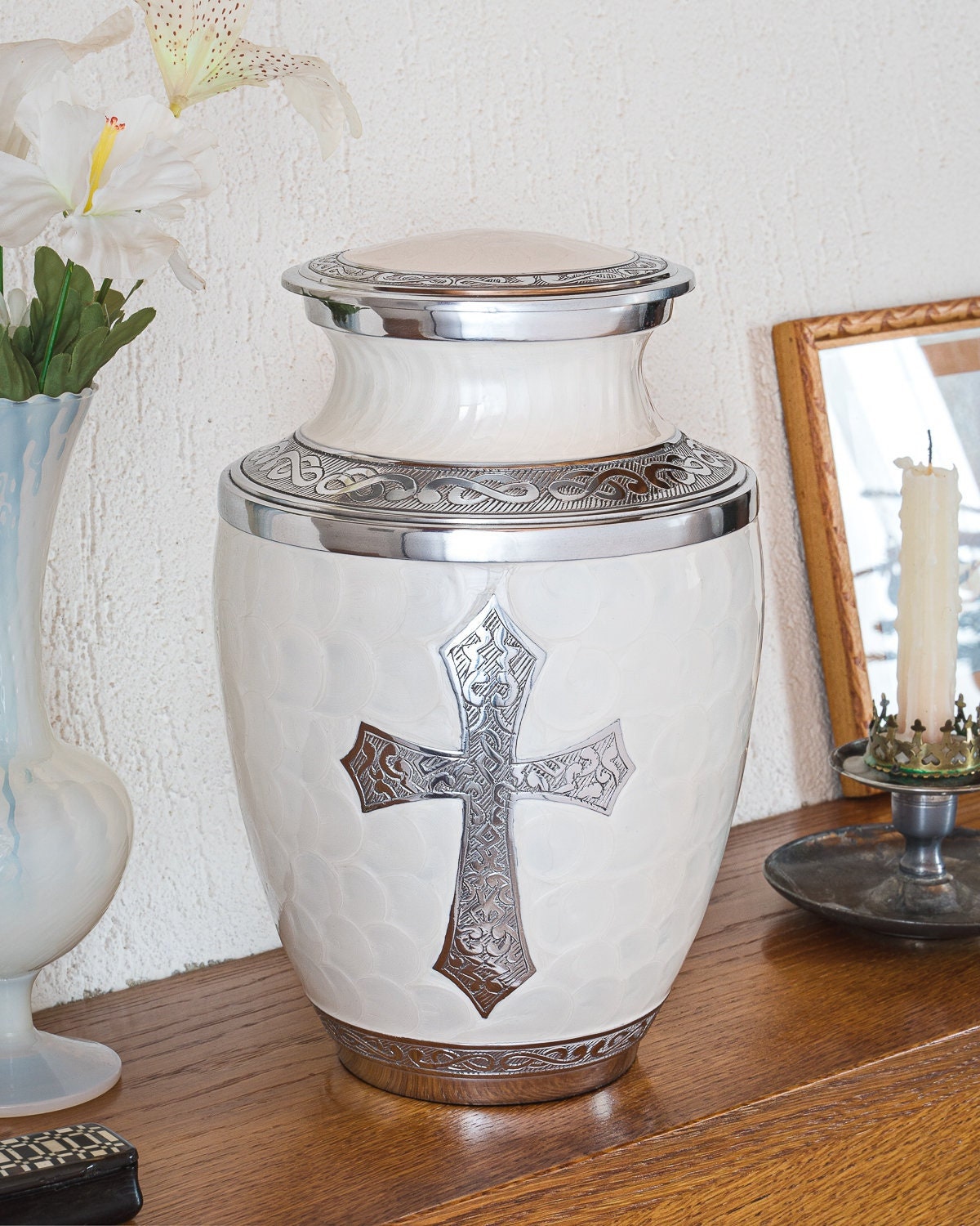 White Cremation Urn With Religious Cross | Adult Ashes, Pendant ...