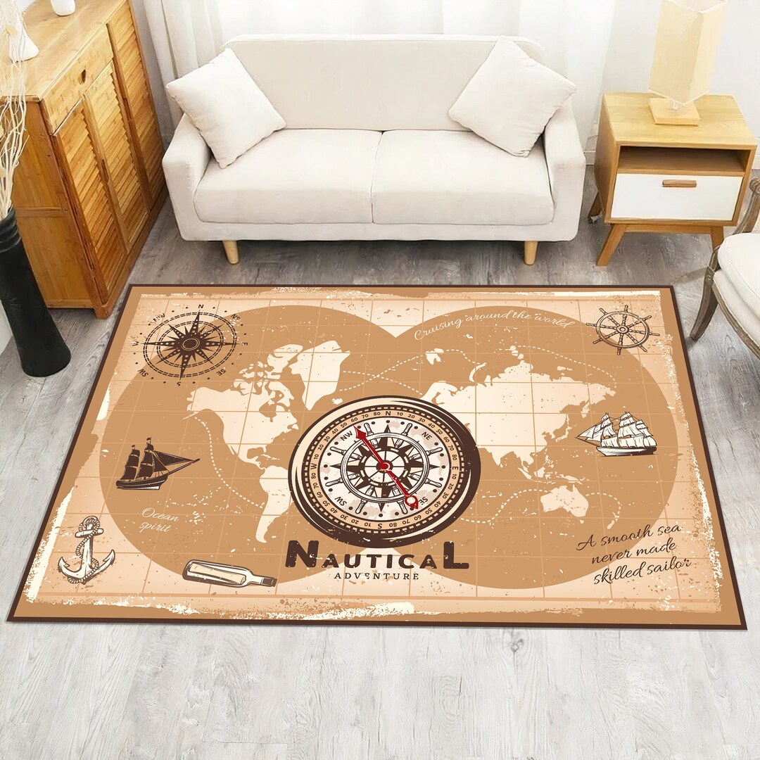 World Map Rug: Vintage Compass Design, Non-slip Cotton Base - Etsy