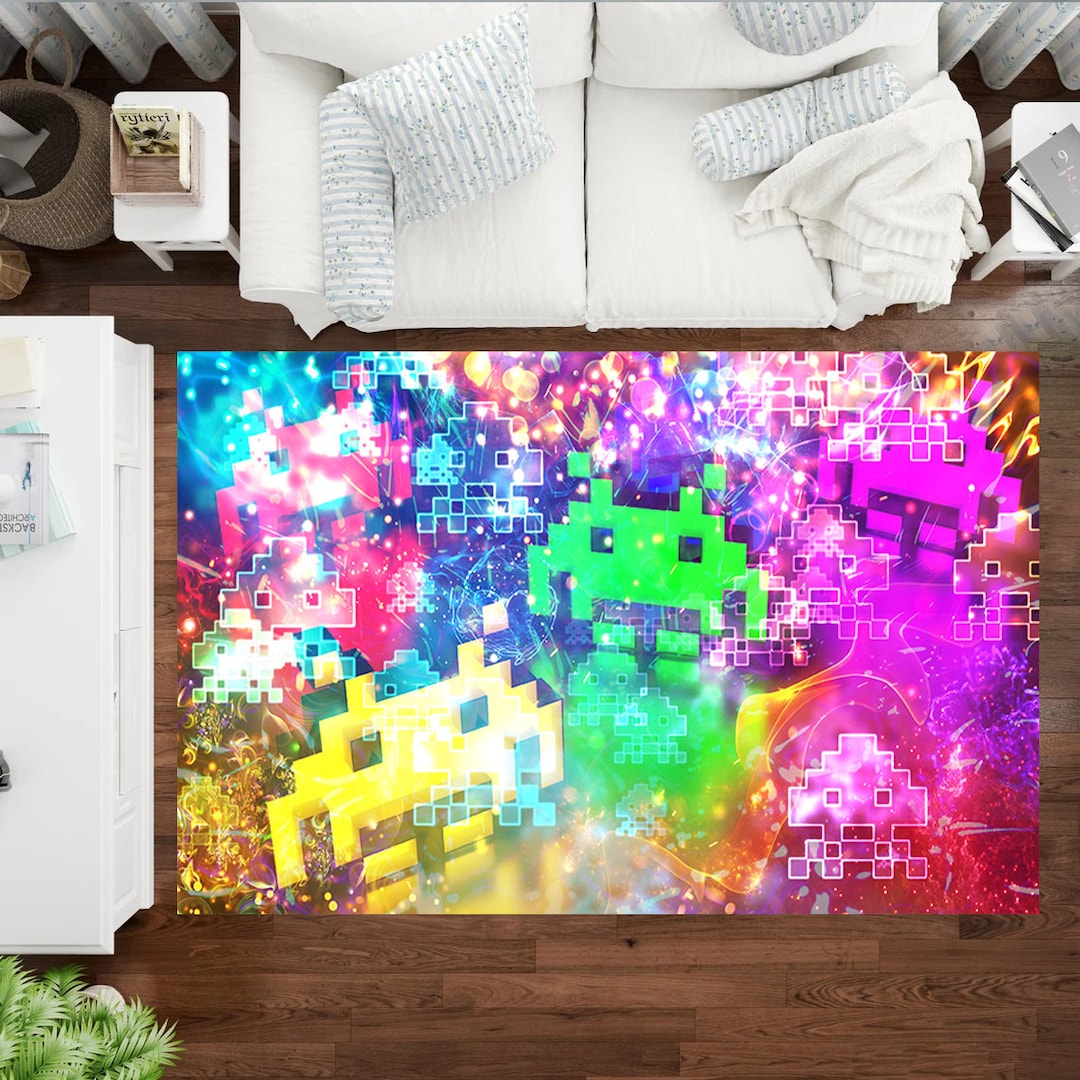 Space Invaders Rug, Cool Neon Rug, Gaming Decor, E-sport Rug, Gaming ...