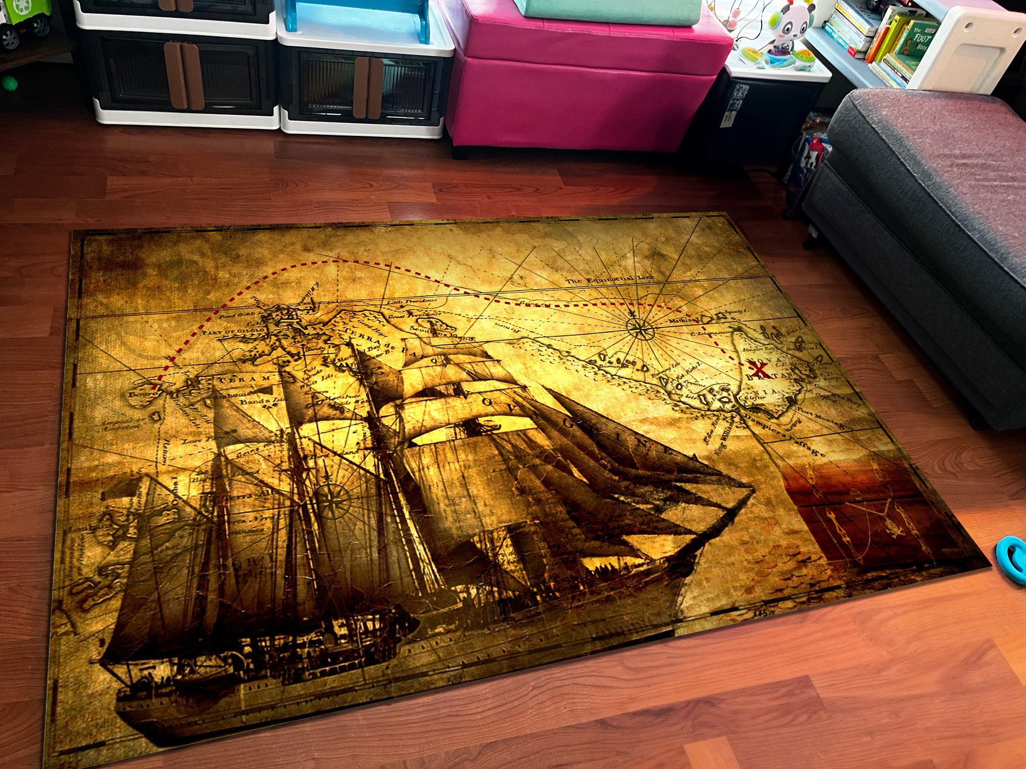 Pirate Ship Rug: Vintage Map Design, Non-slip Cotton Base - Etsy