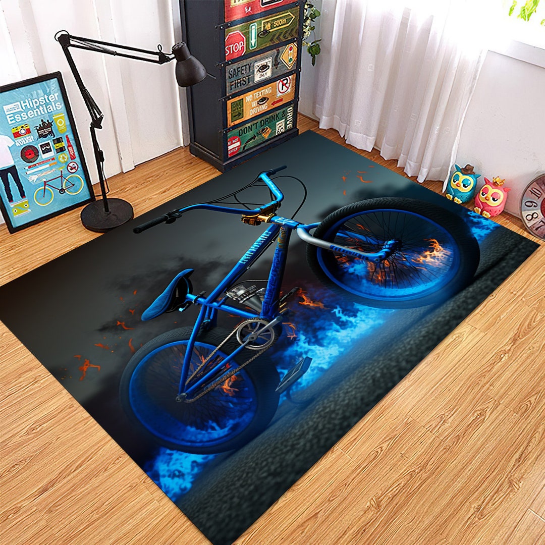 Neon Flame Rug, Bicycle Rug, BMX Rug, Blue Rug, Sports Rug, Kids Room ...