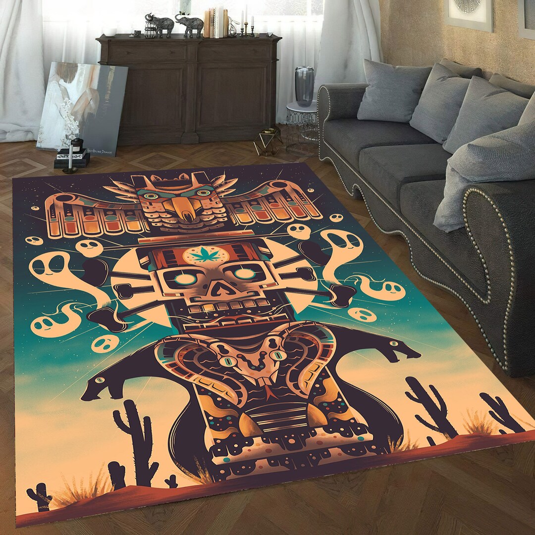 Aztec and Maya Ceremonial Sculptures, Tiki Totem Rug, Maya Statue Rug ...