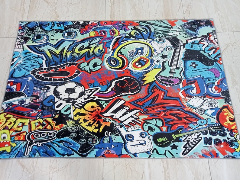Graffiti Area Rug: Colorful 3D Effect, Non-slip Teen Room Decor - Etsy