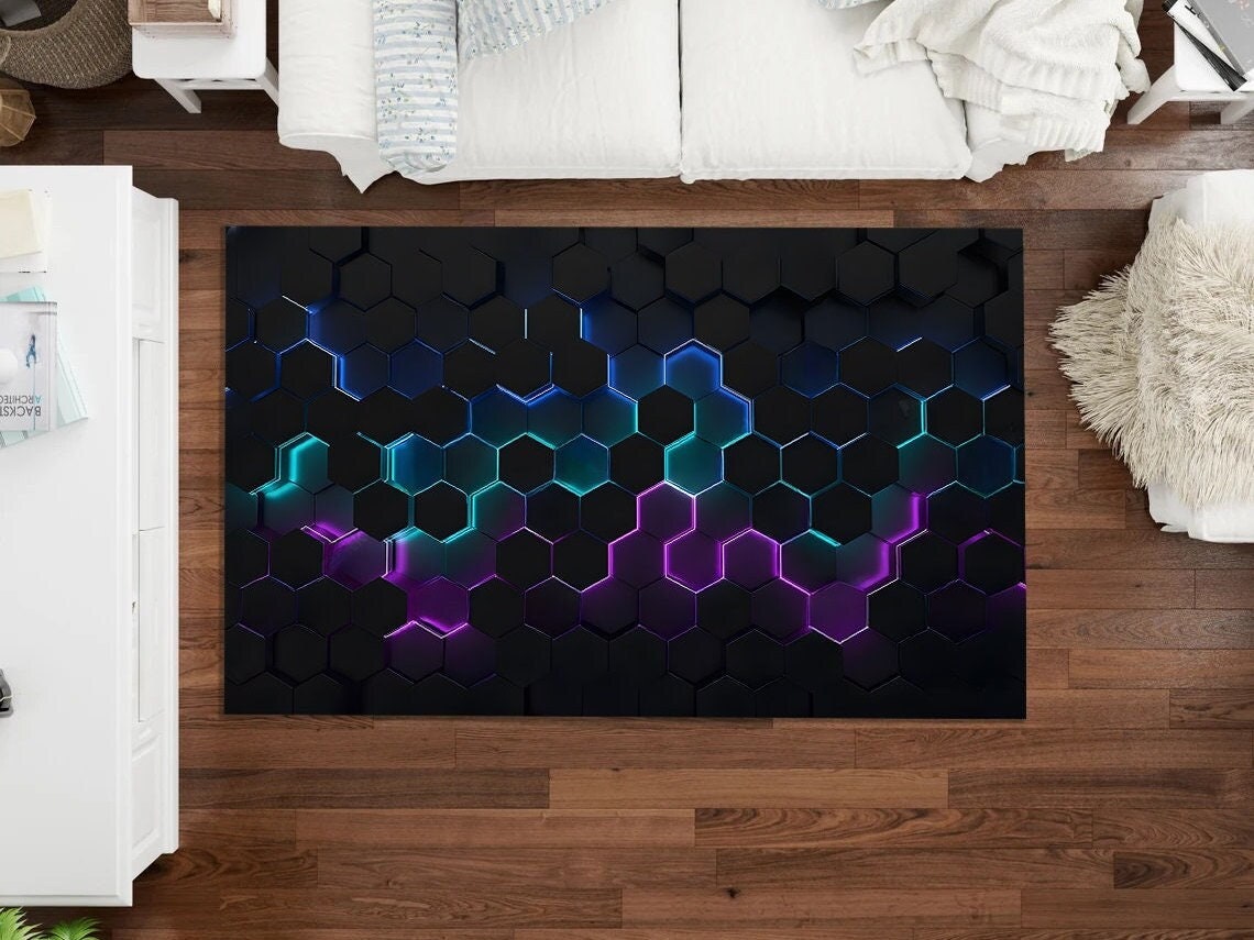 Neon Hexagonal Rug, Gaming Room Carpet, Airy Carpet, 3D Neon Lights ...