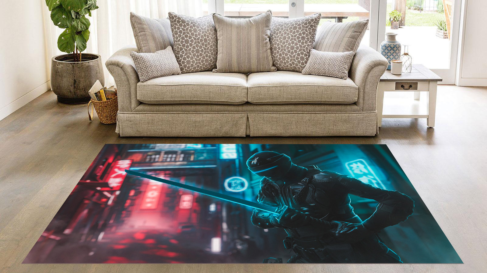 Neon Katana Rug, Neon Samurai Rug, Samurai Rug, Gamer Rug, Neon Anime ...