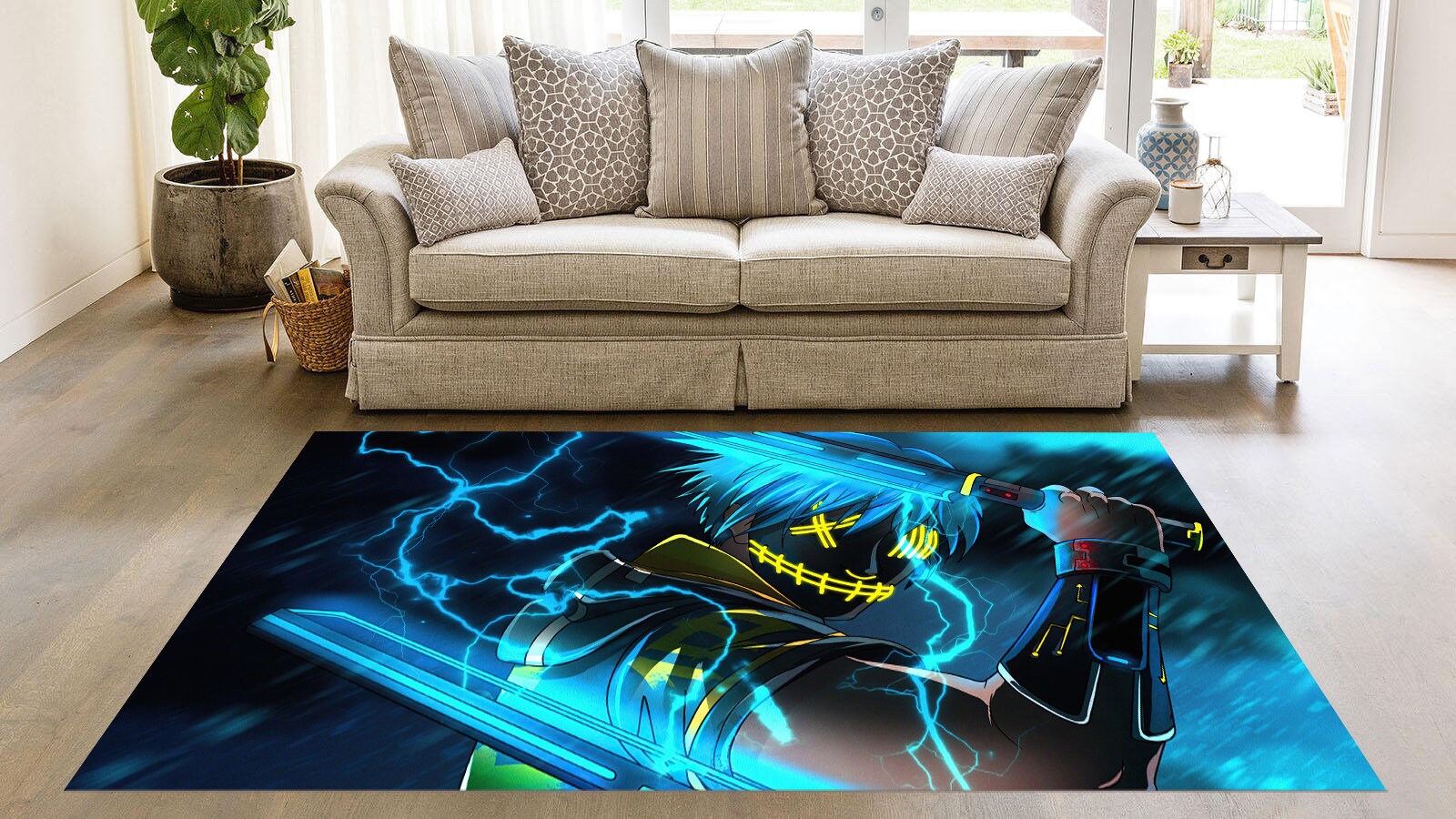 Neon Blue Rug, Neon Mask, Neon Sword Rug, Neon Party Mask Rug, Cyber ...