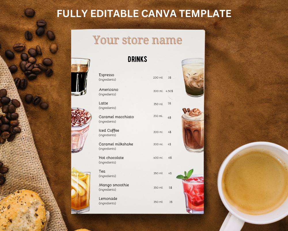 Printable Café Menu Template | Customizable Digital Menu for Coffee ...