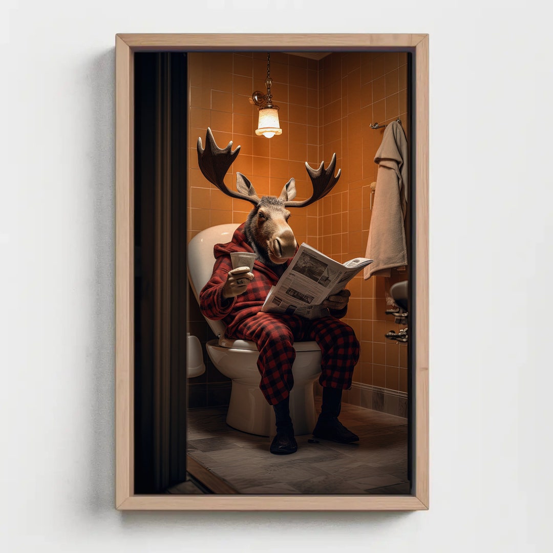 Moose Sitting on the Toilet Seat Reading Newspaper Funny Bathroom Wall ...